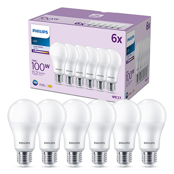 Philips LED lamp E27 | Peer A60 | Mat | 4000K | 13W (100W) | 6 stuks Philips 123led.nl